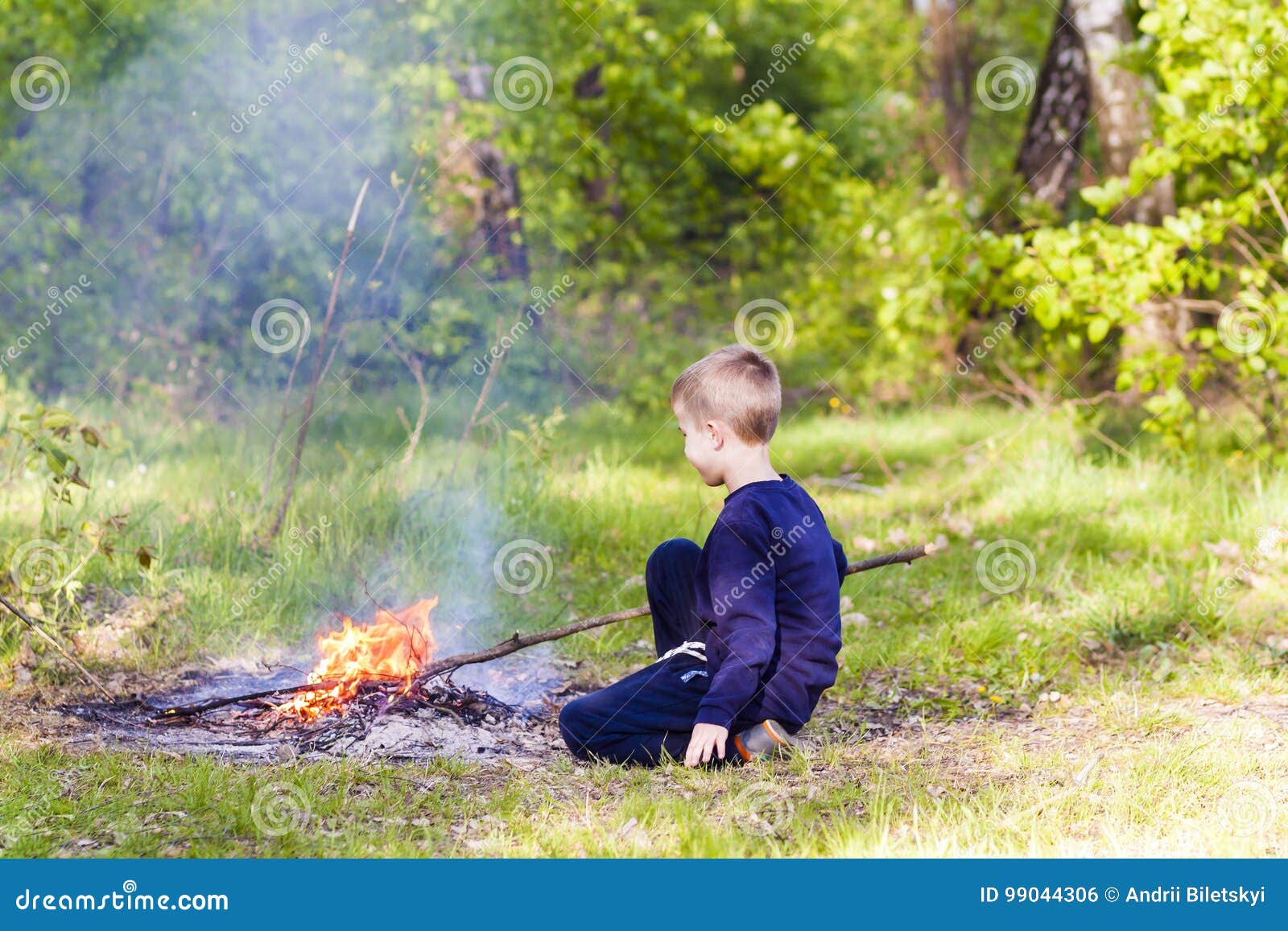 Little Boy Child in Forest Playing with Bonfire. Stock Photo - Image of ...