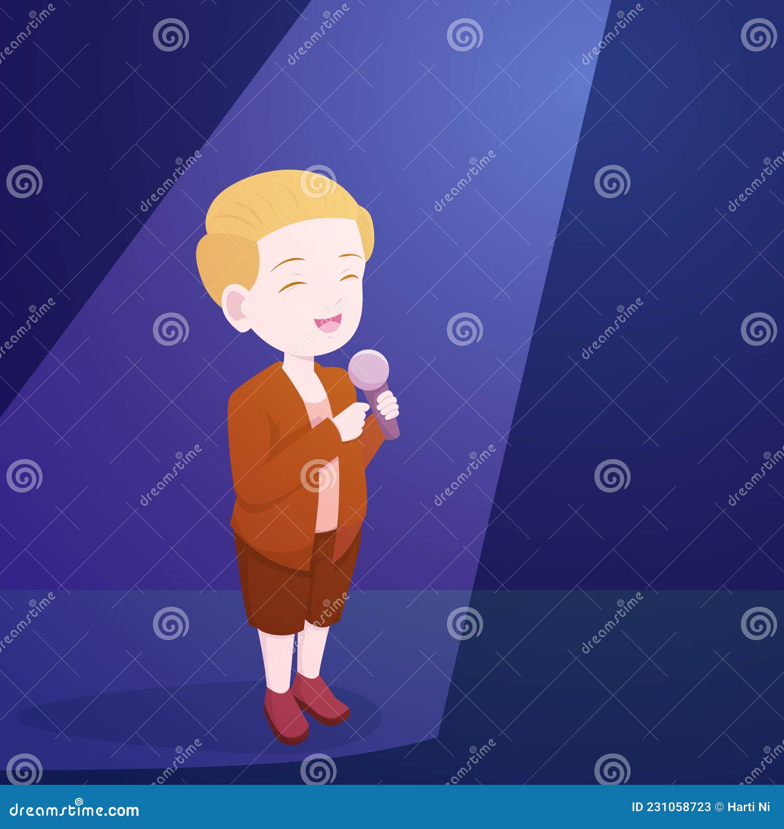 Little Boy Child Kid Standing Microphone Spotlight Stage Vector Cartoon ...