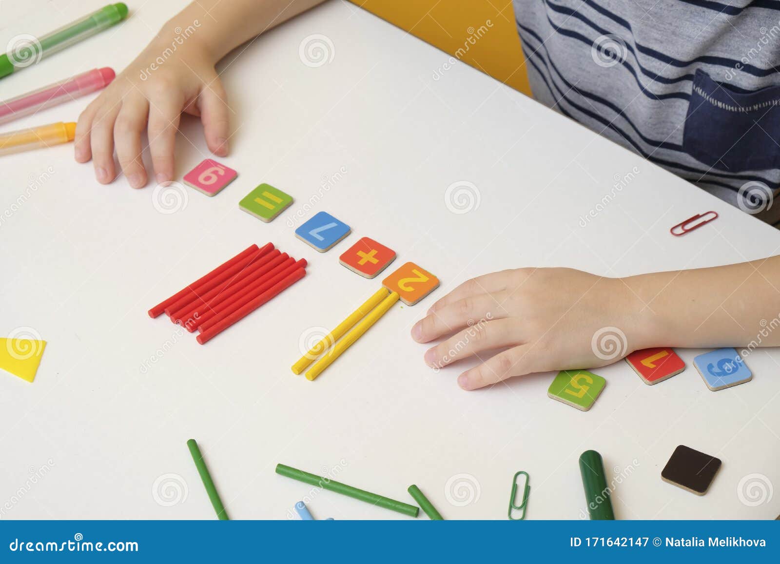 Little Boy Child Preparing for Elementary School Doing Simple Math ...