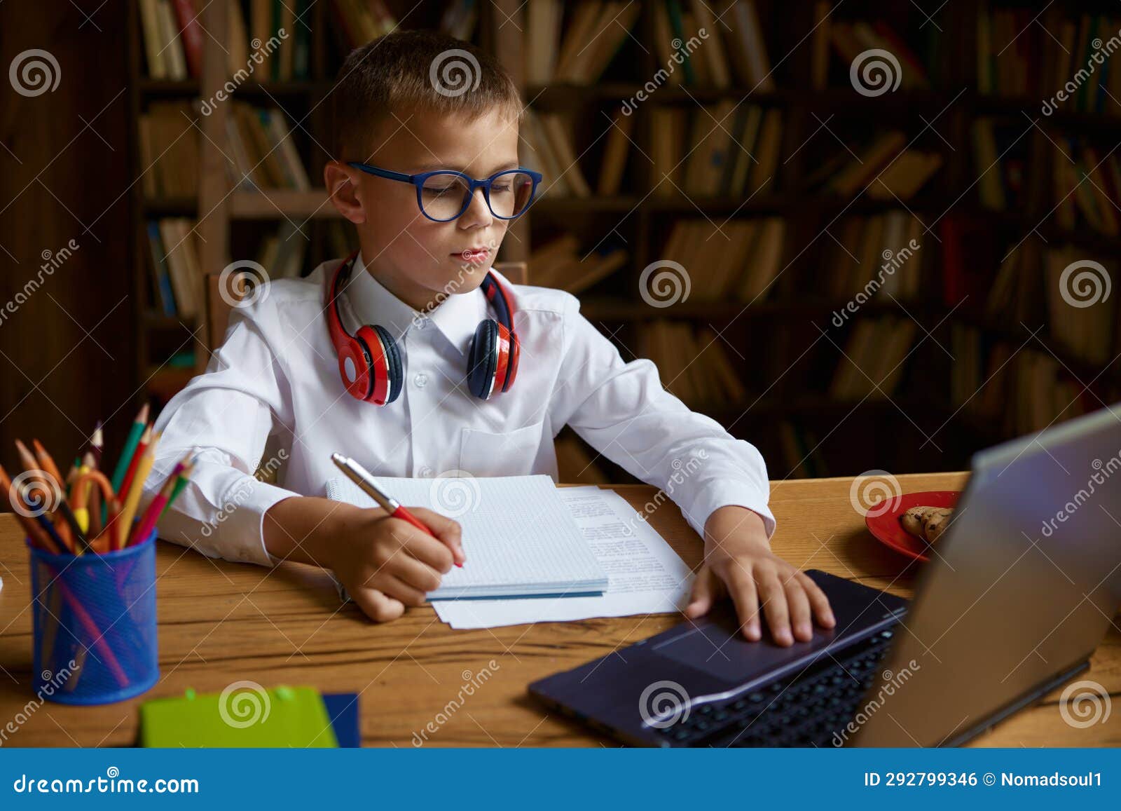 Little Boy Child Studying at Home Table Sitting Front of Computer ...