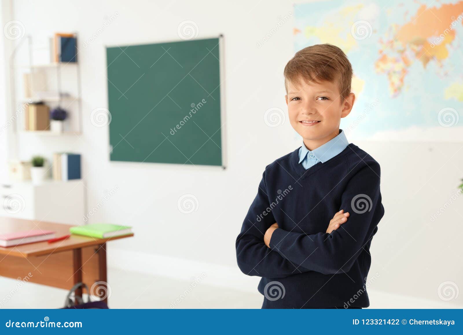 Little Boy in Classroom. Stylish Uniform Stock Photo - Image of ...