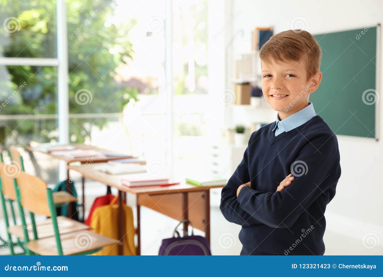 Little Boy in Classroom. Stylish Uniform Stock Image - Image of lesson ...