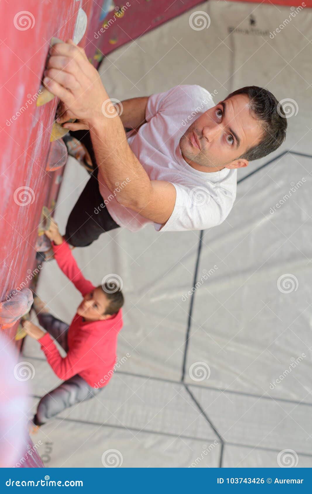 Little Boy Climbing Rock Wall Indoor Stock Photo - Image of challenge ...