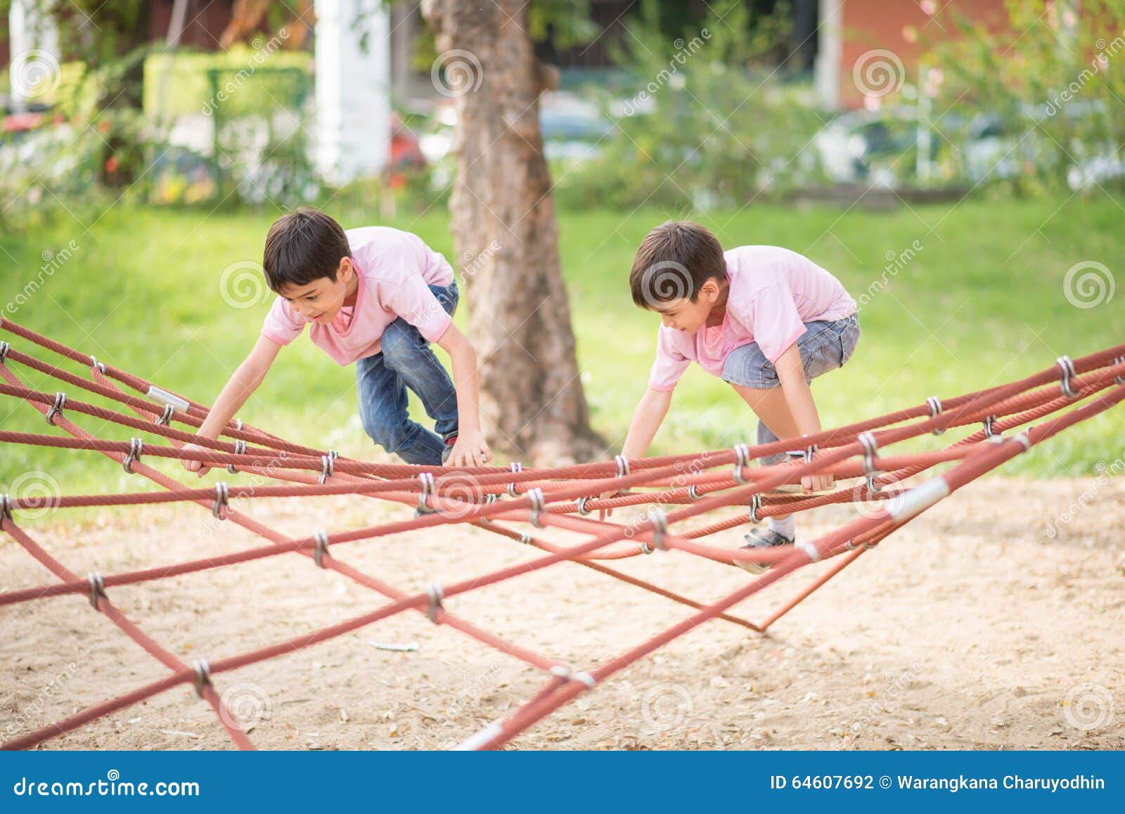 Little Boy Climbing on the Rope Playground Stock Photo - Image of ...