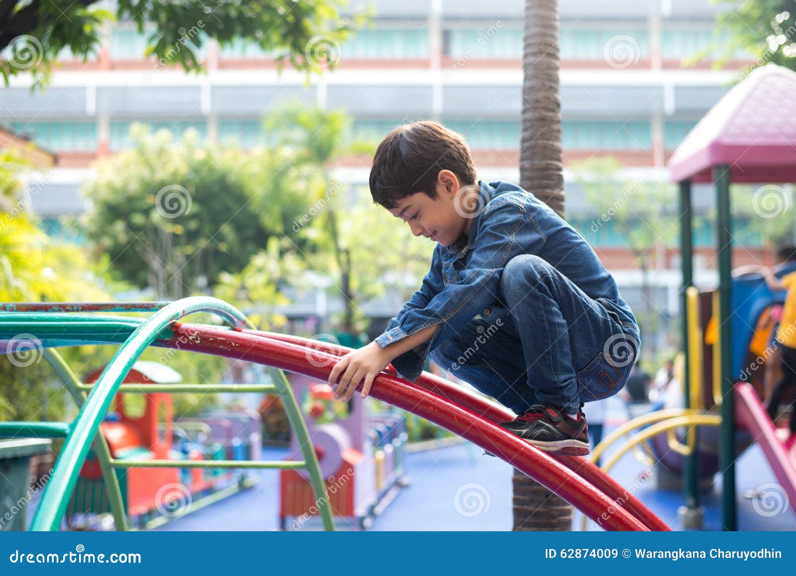 Little Boy Climbing on the Rope at Playground Outdoor Stock Image ...