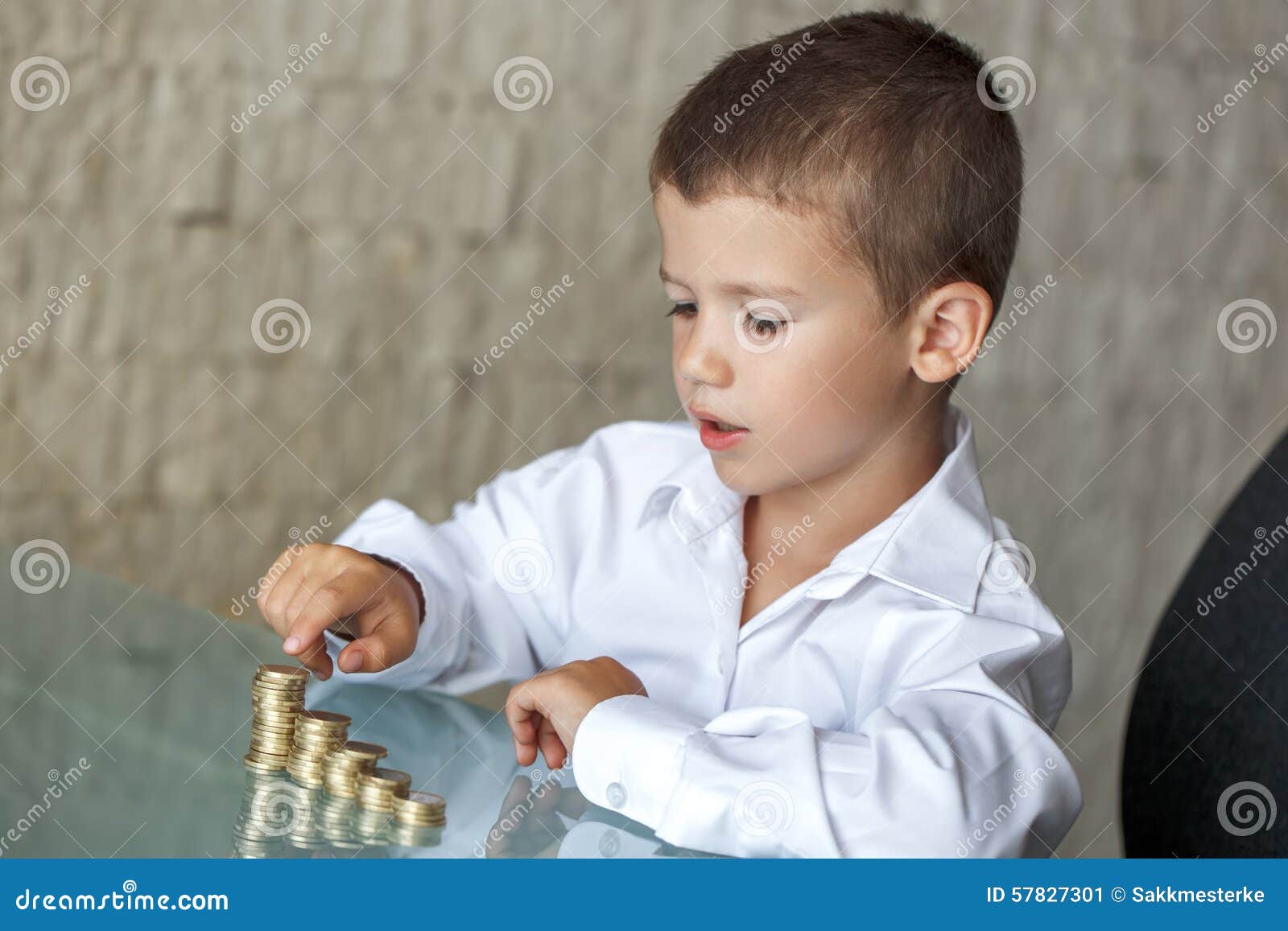Little Boy Counting Coins on Glass Desk Stock Image - Image of golden ...