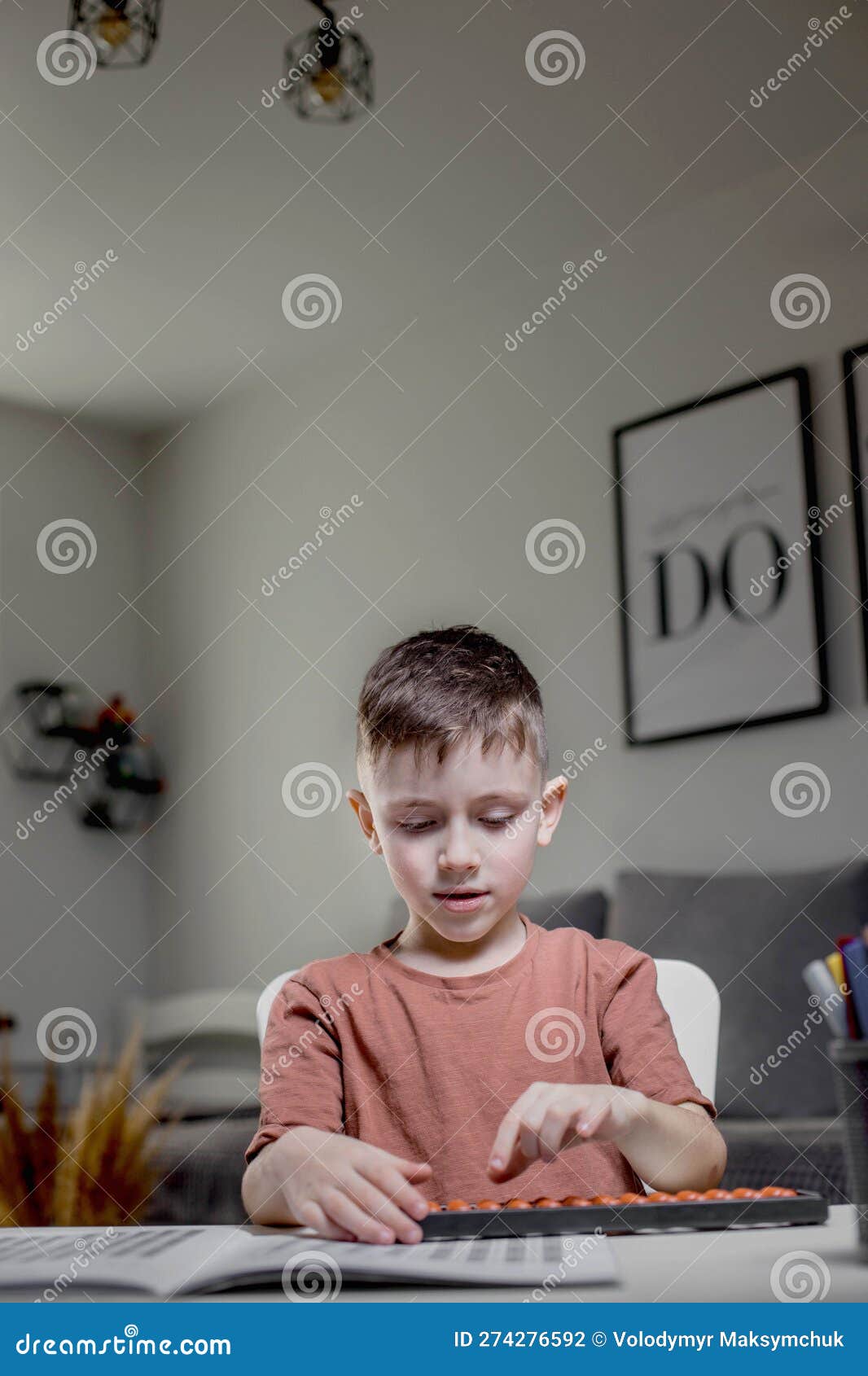 Little Boy Counting with Help an Abacus. Mental Arithmetic, Brain ...