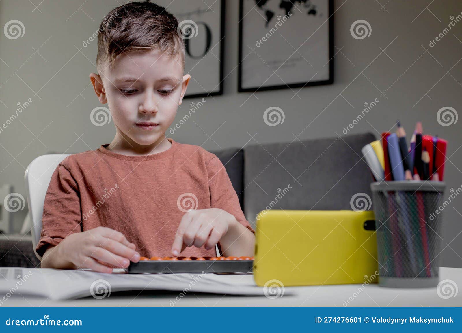 Little Boy Counting with Help an Abacus. Mental Arithmetic, Brain ...