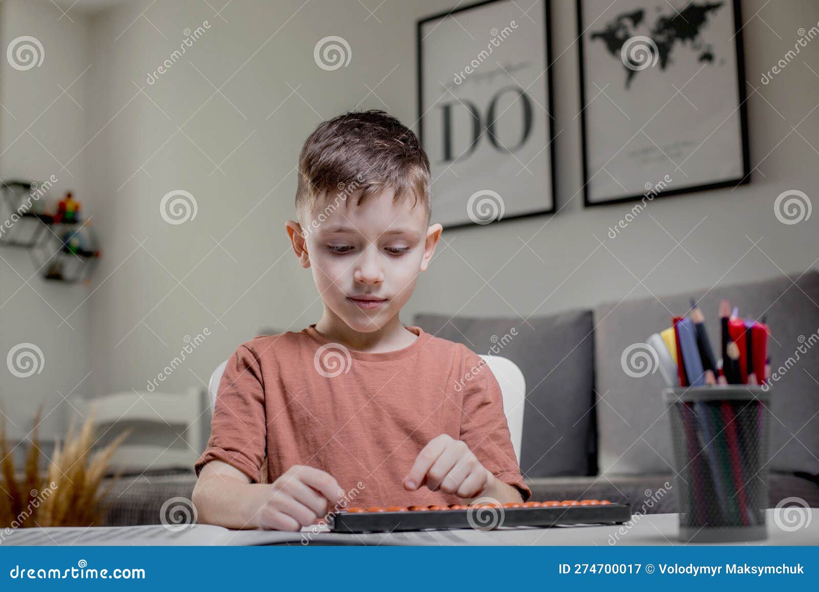 Little Boy Counting with Help an Abacus. Mental Arithmetic, Brain ...