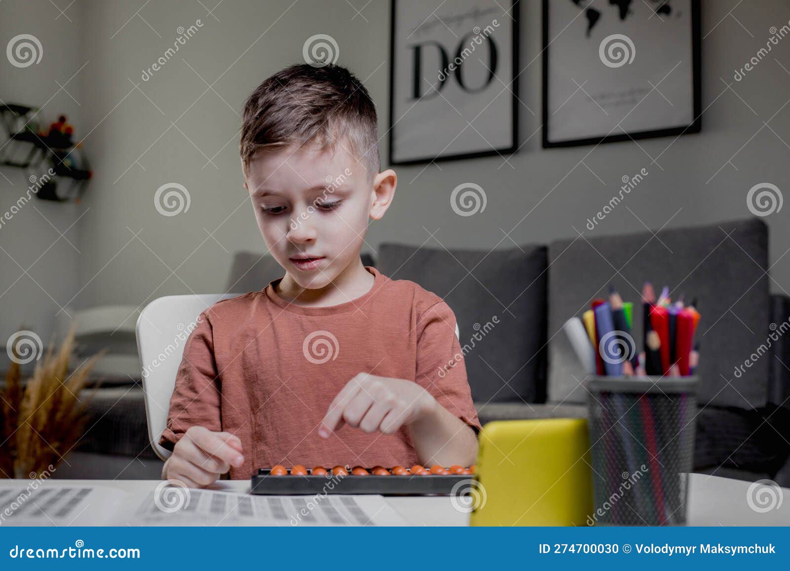 Little Boy Counting with Help an Abacus. Mental Arithmetic, Brain ...