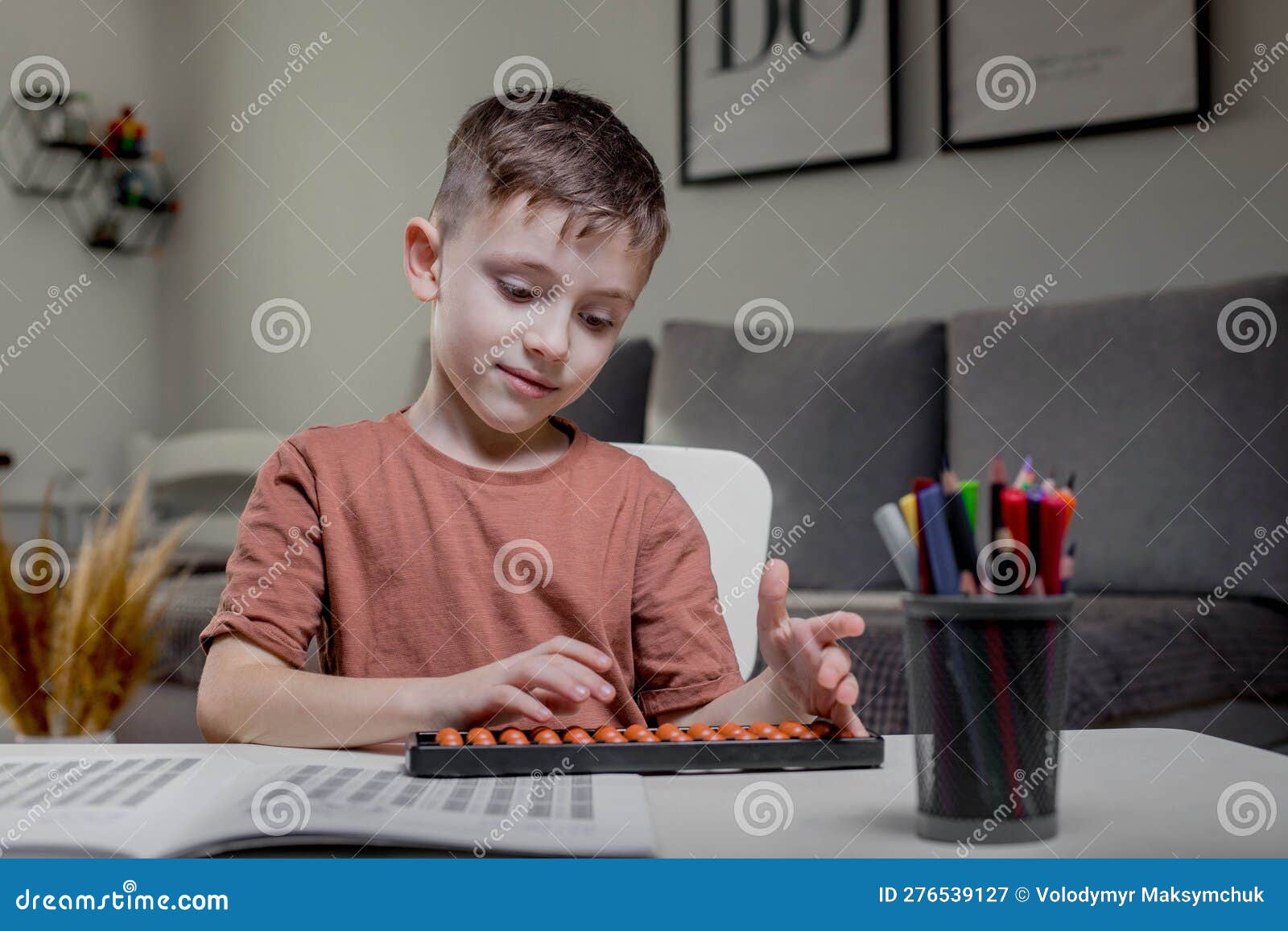 Little Boy Counting with Help an Abacus. Mental Arithmetic, Brain ...