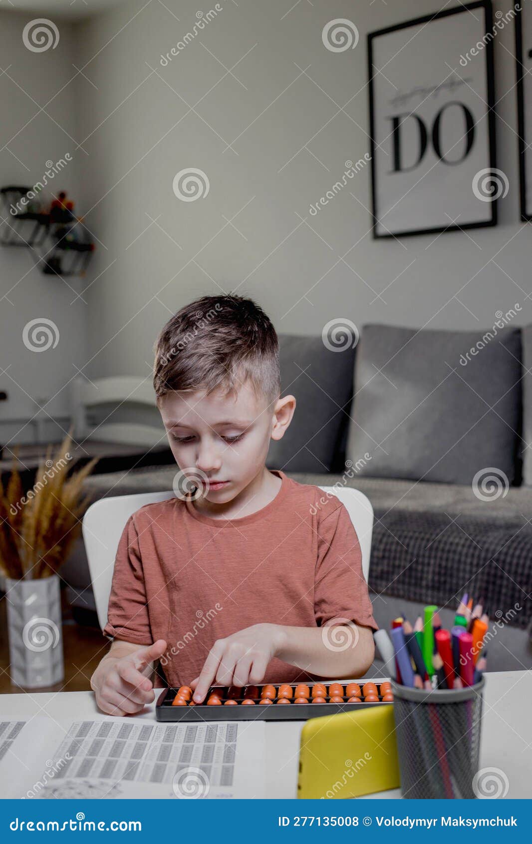Little Boy Counting with Help an Abacus. Mental Arithmetic, Brain ...