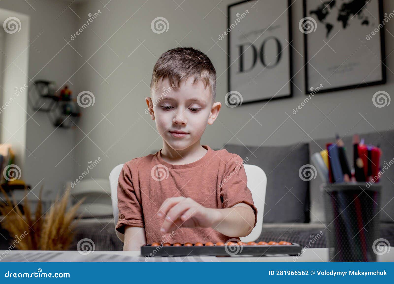 Little Boy Counting with Help an Abacus. Mental Arithmetic, Brain ...