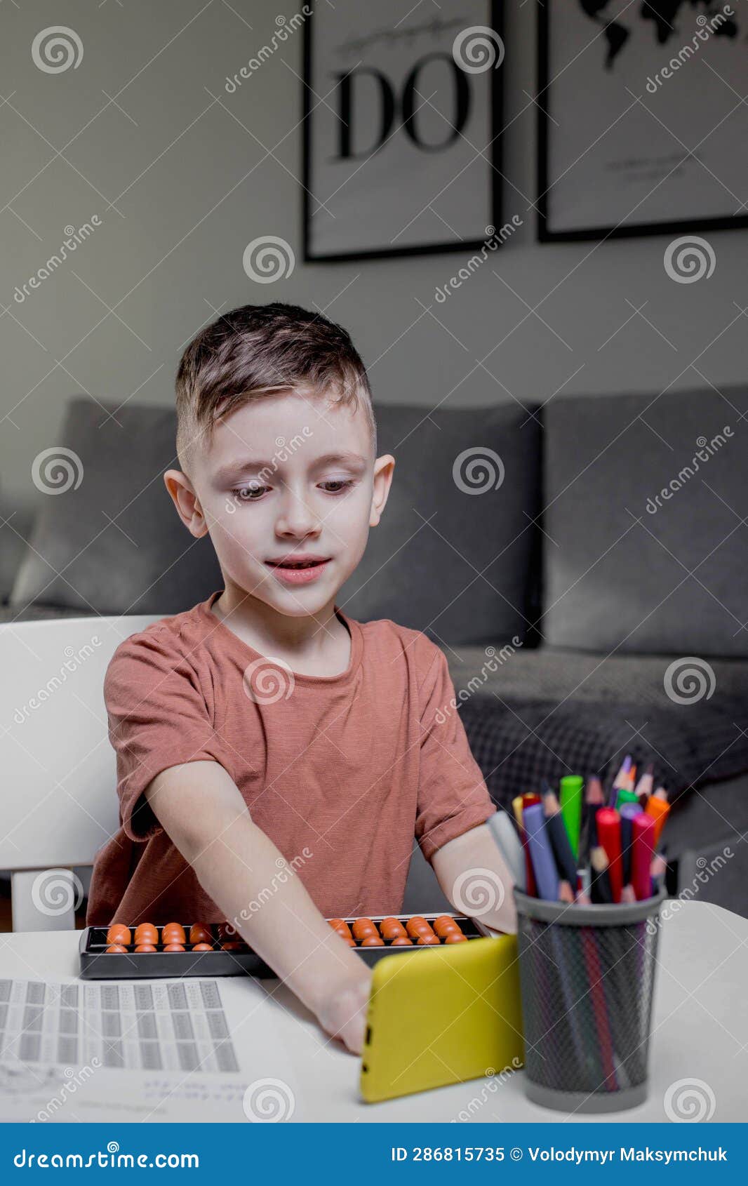 Little Boy Counting with Help an Abacus. Mental Arithmetic, Brain ...