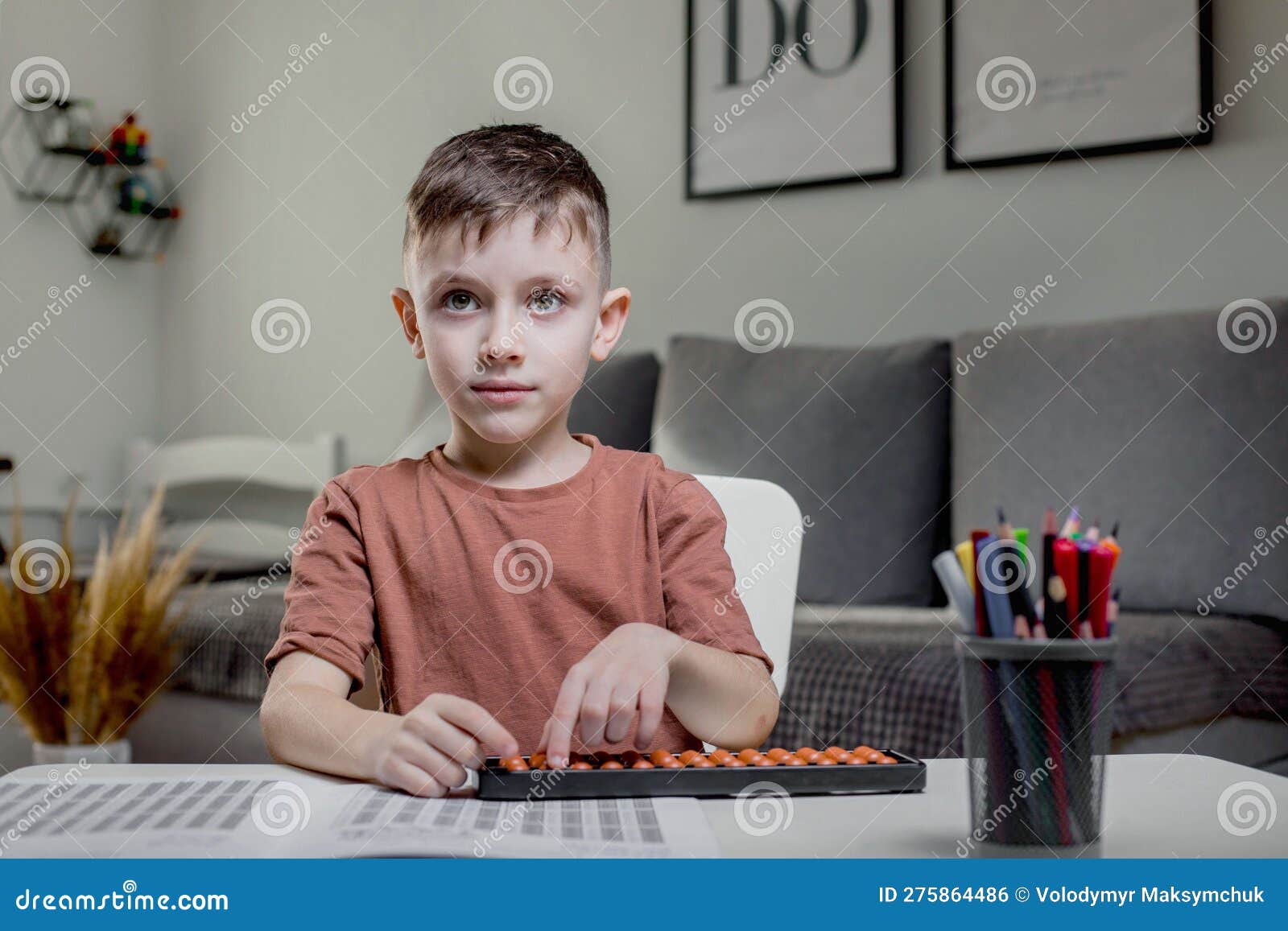 Little Boy Counting with Help an Abacus. Mental Arithmetic, Brain ...