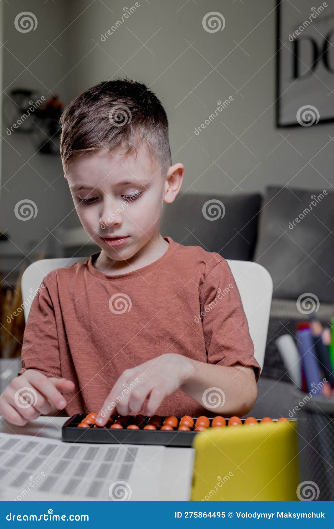 Little Boy Counting with Help an Abacus. Mental Arithmetic, Brain ...