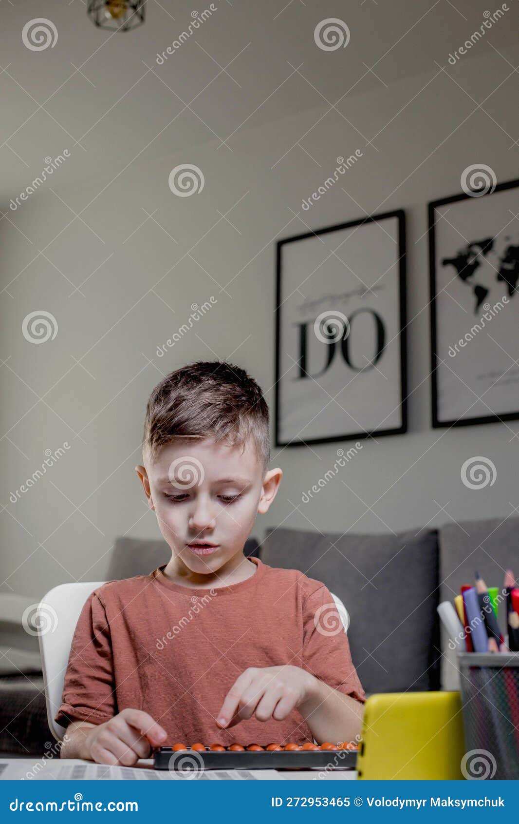 Little Boy Counting with the Help of Mental Arithmetic. Mathematics in ...