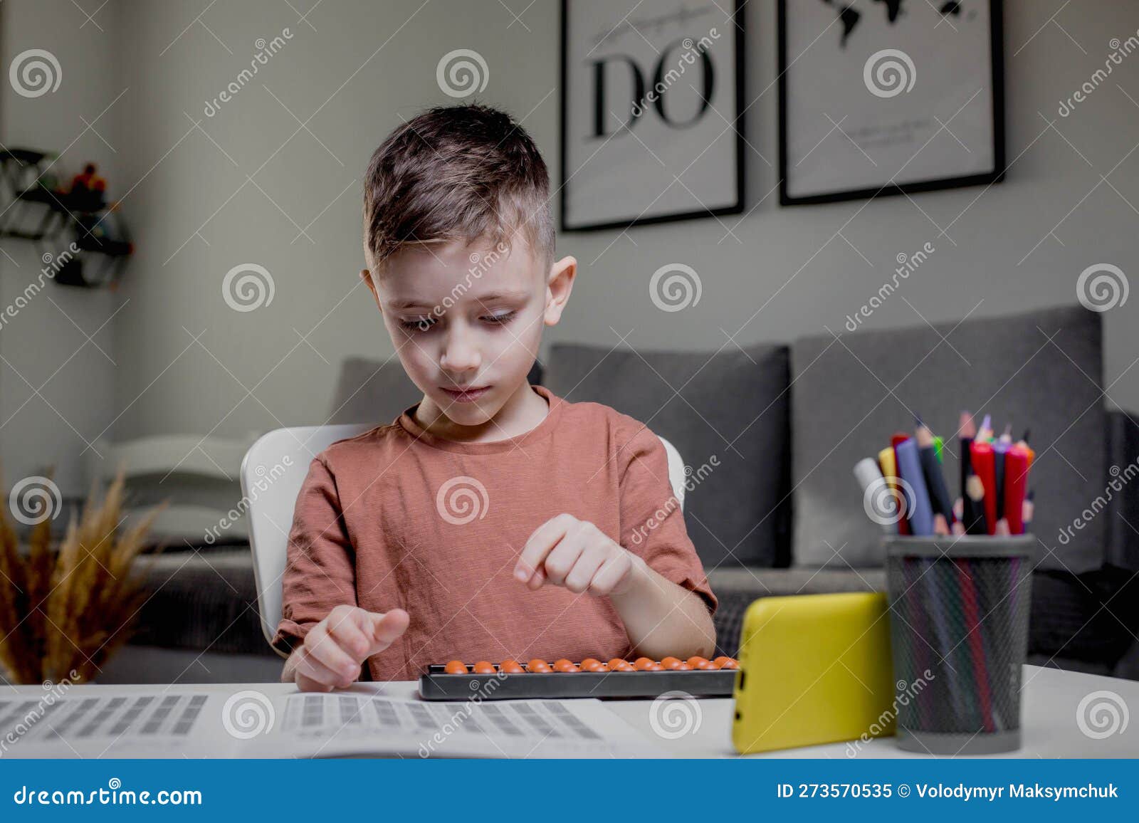 Little Boy Counting with the Help of Mental Arithmetic. Mathematics in ...