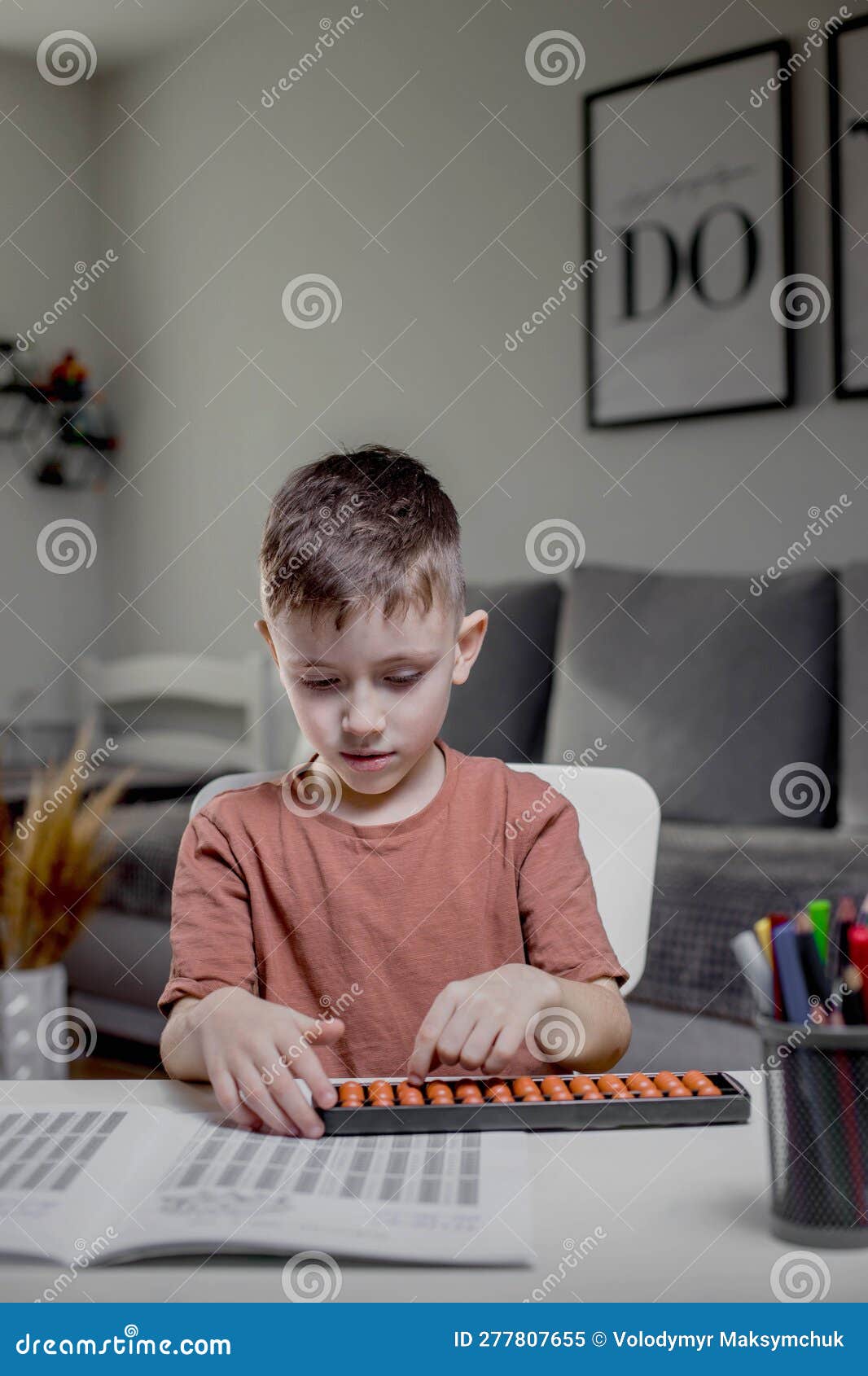 Little Boy Counting with the Help of Mental Arithmetic. Mathematics in ...
