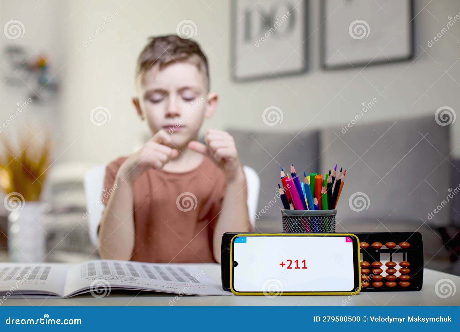 Little Boy Counting with the Help of Mental Arithmetic. Mathematics in ...