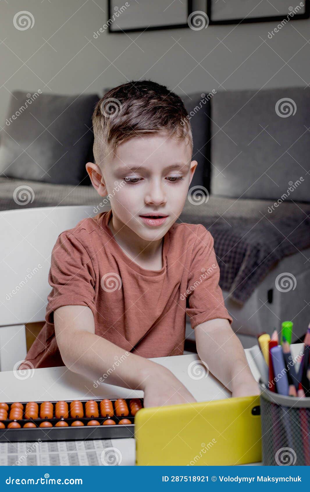 Little Boy Counting with the Help of Mental Arithmetic. Mathematics in ...