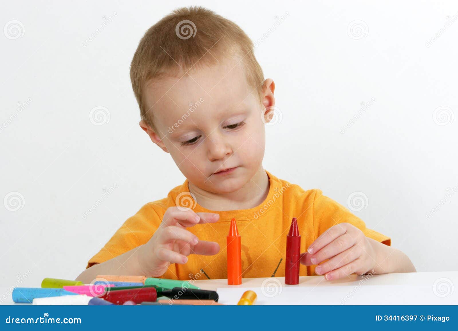Little boy with crayons stock image. Image of laugh, hand - 34416397