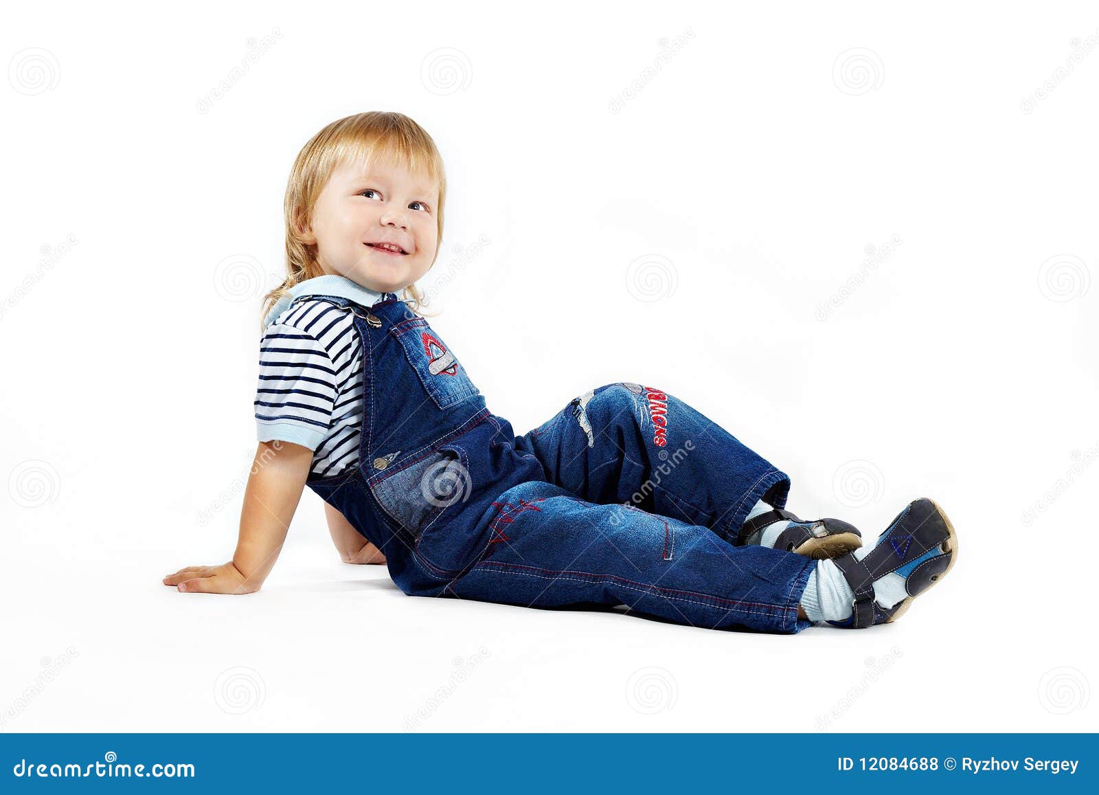 The Little Boy in Dark Blue Overalls Stock Photo - Image of happiness ...