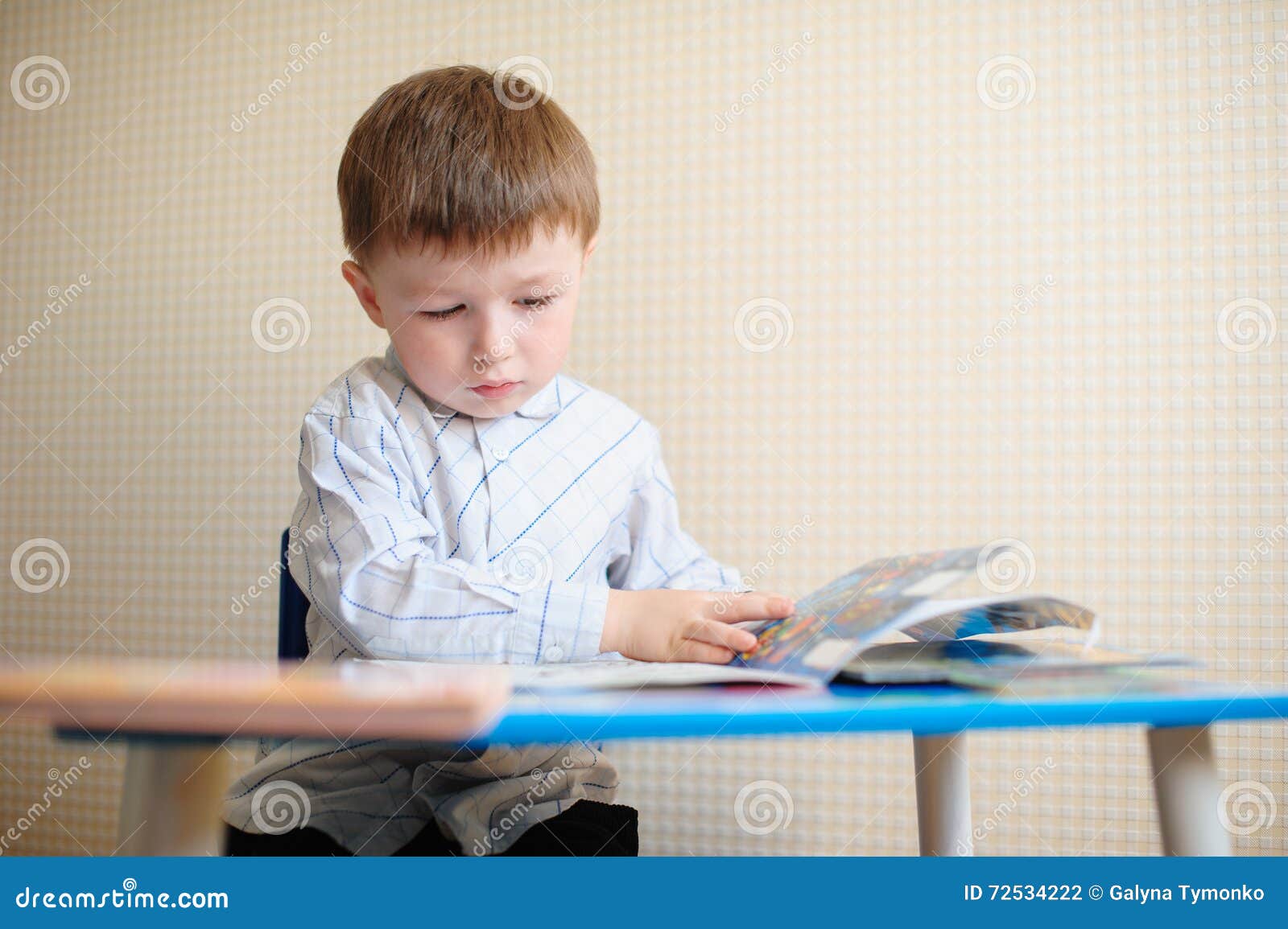 Little Boy at the Desk Reading a Book Stock Photo - Image of class ...
