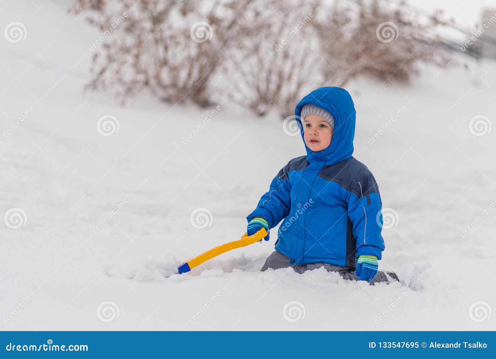 A Little Boy is Digging Snow with a Shovel in the Winter Stock Image ...