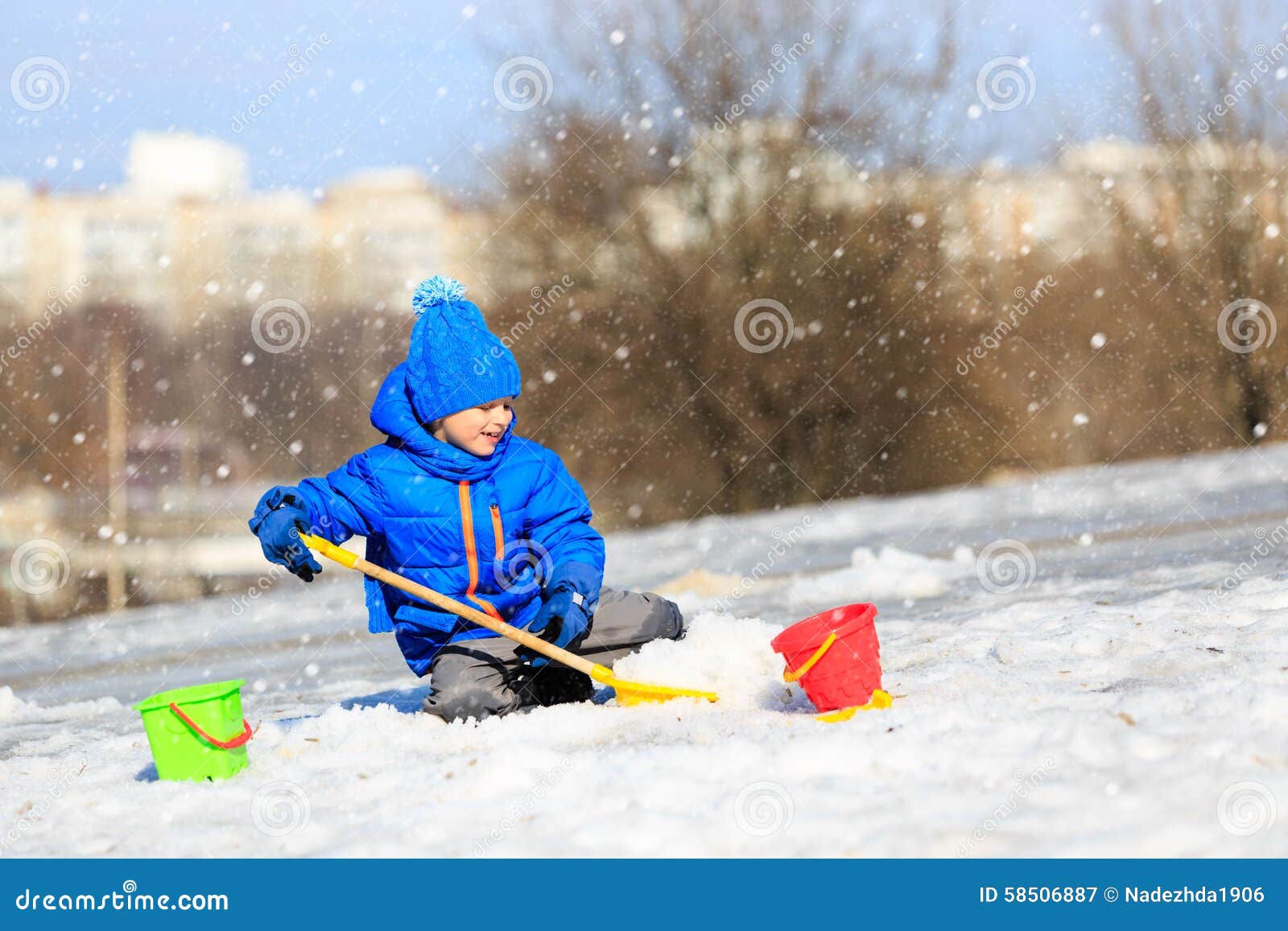Little Boy Digging Snow in Winter, Kids Activities Stock Image - Image ...