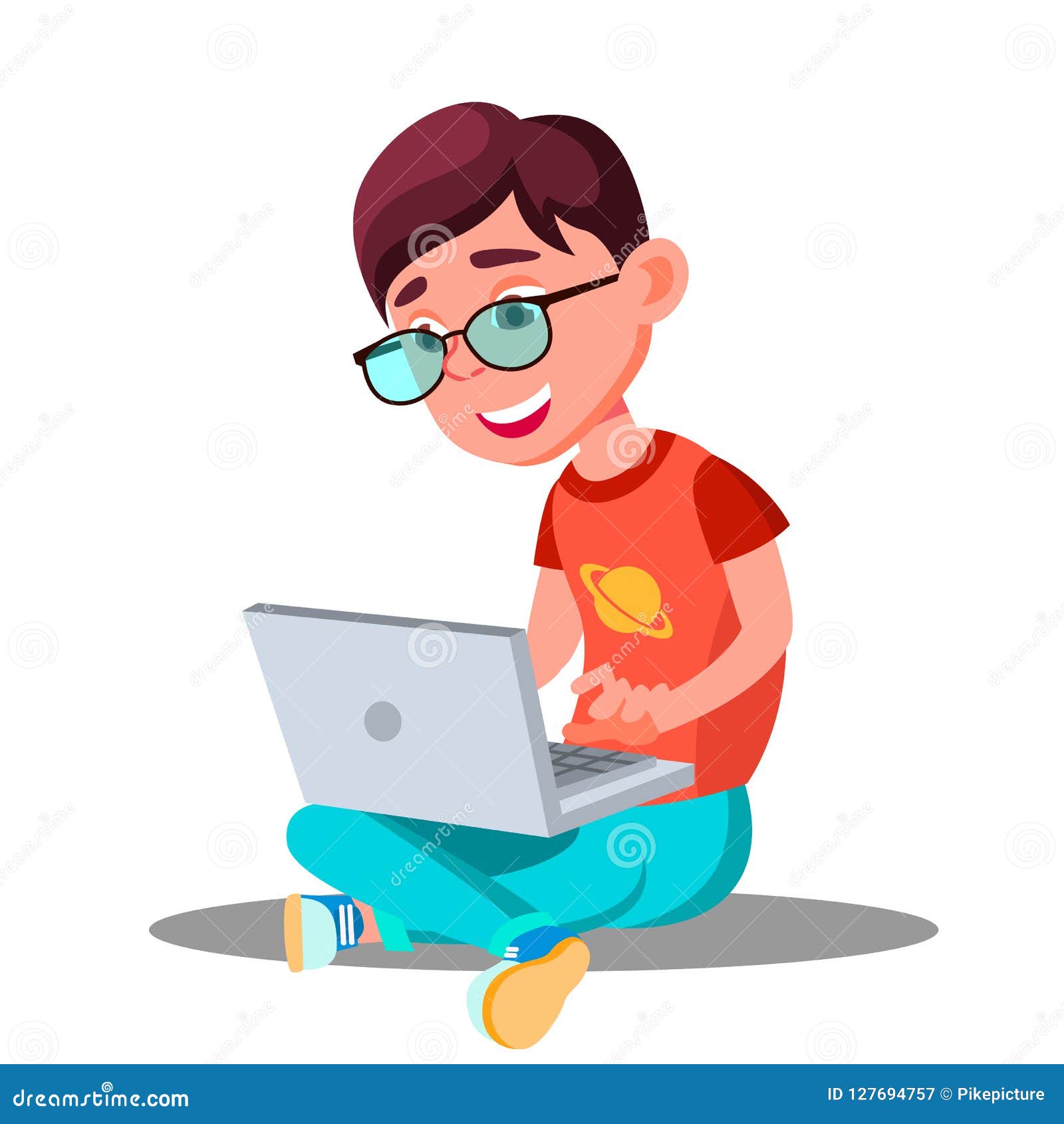 Little Boy Doing Homework at Home with Computer Vector. Isolated ...