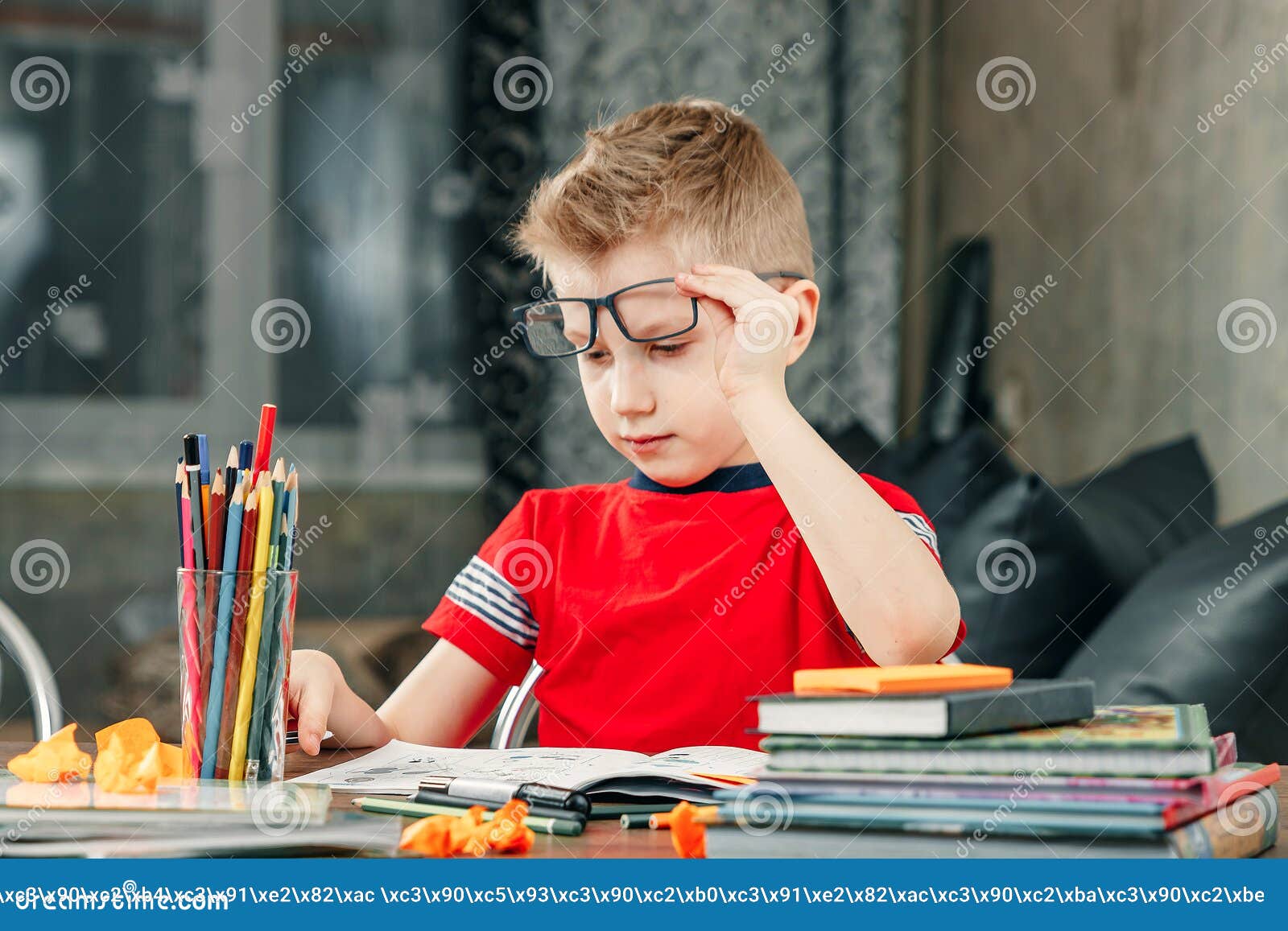 Little Boy Doing Homework in School Stock Image - Image of people ...