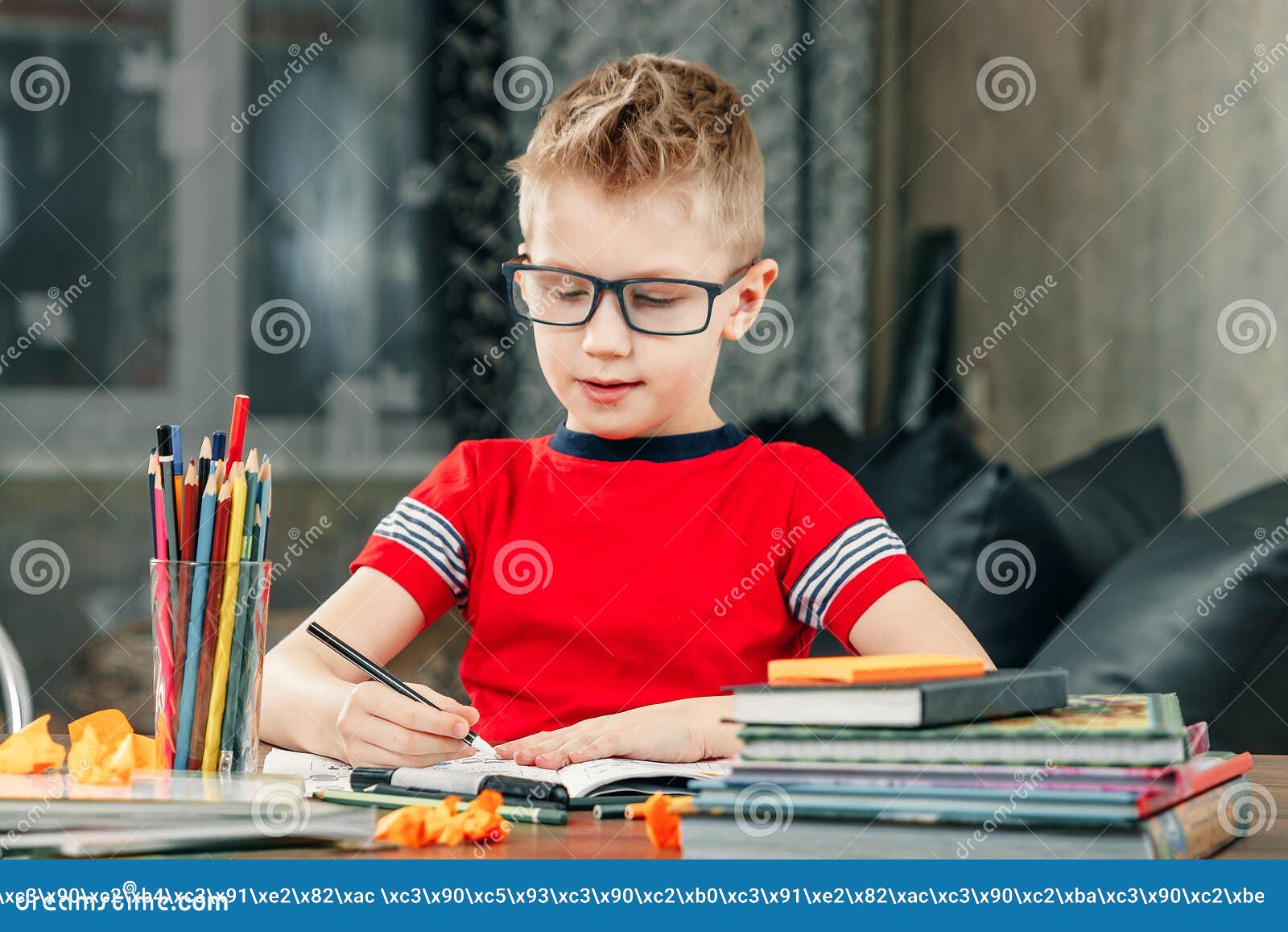 Little Boy Doing Homework in School. Stock Photo - Image of desk ...