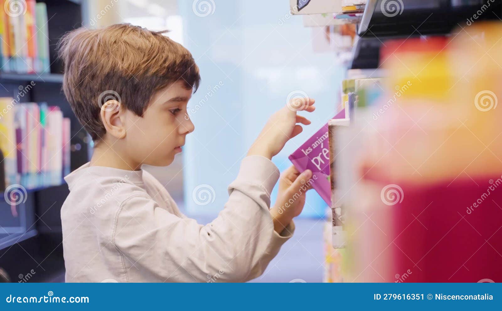 Little Boy Doing Research in a Library. Young Child Looking for a Book ...