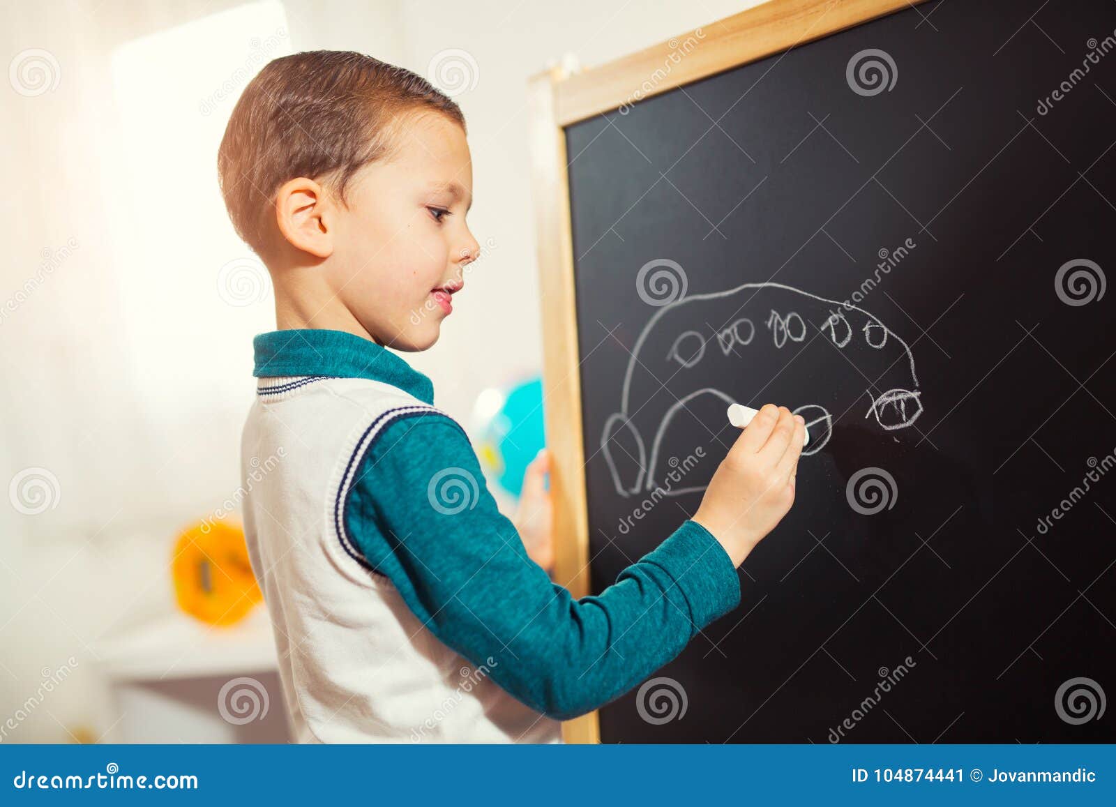 Little Boy Drawing with Chalk on Blackboard. Stock Image - Image of ...
