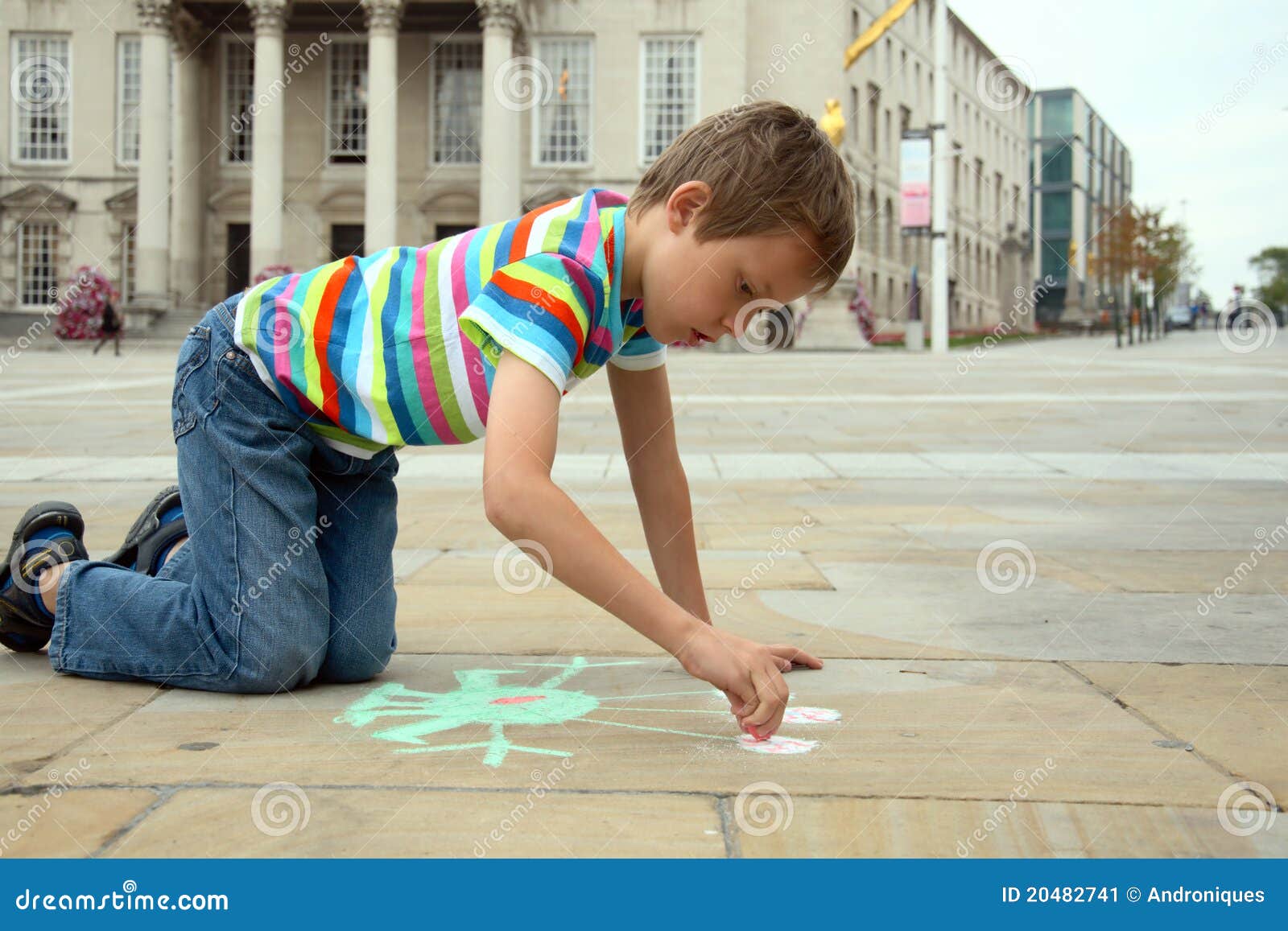 Little Boy Drawing with Chalks on Pavement Stock Image - Image of ...