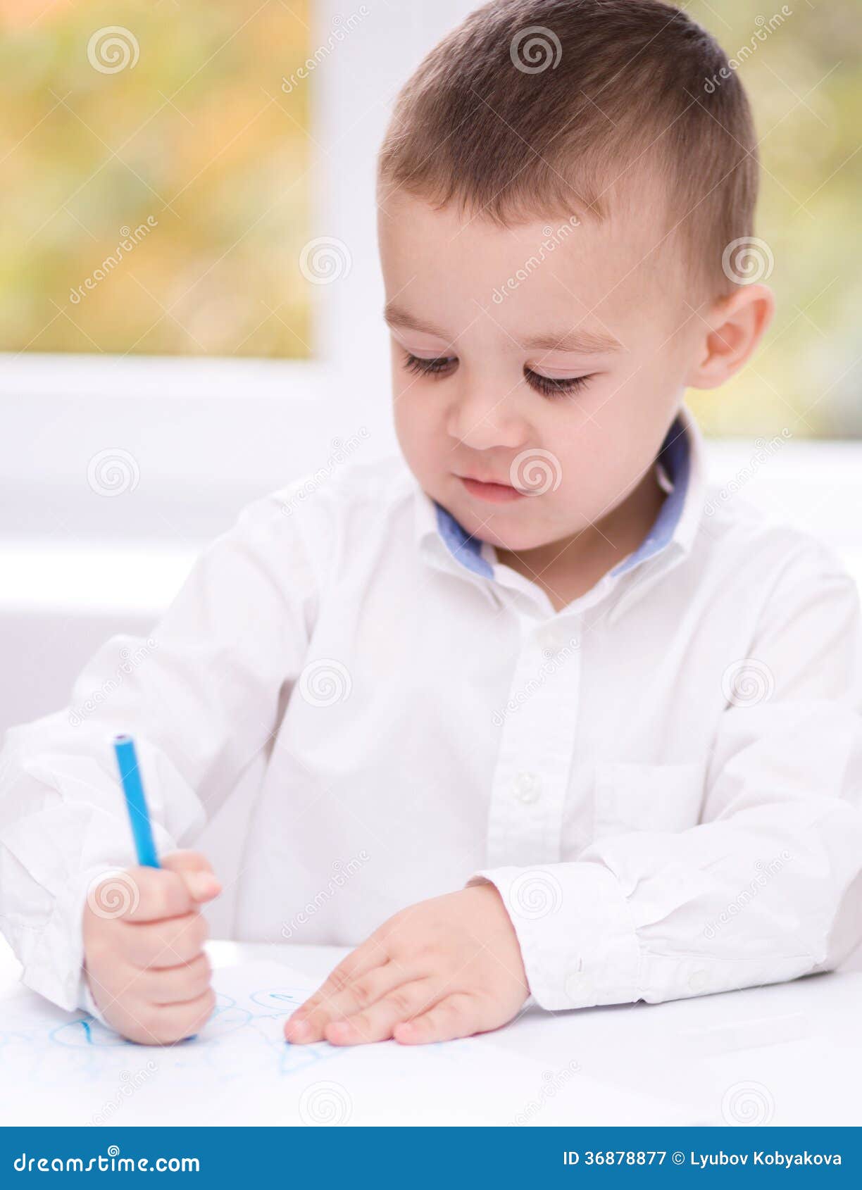 Little Boy is Drawing on White Paper Stock Image - Image of classroom ...