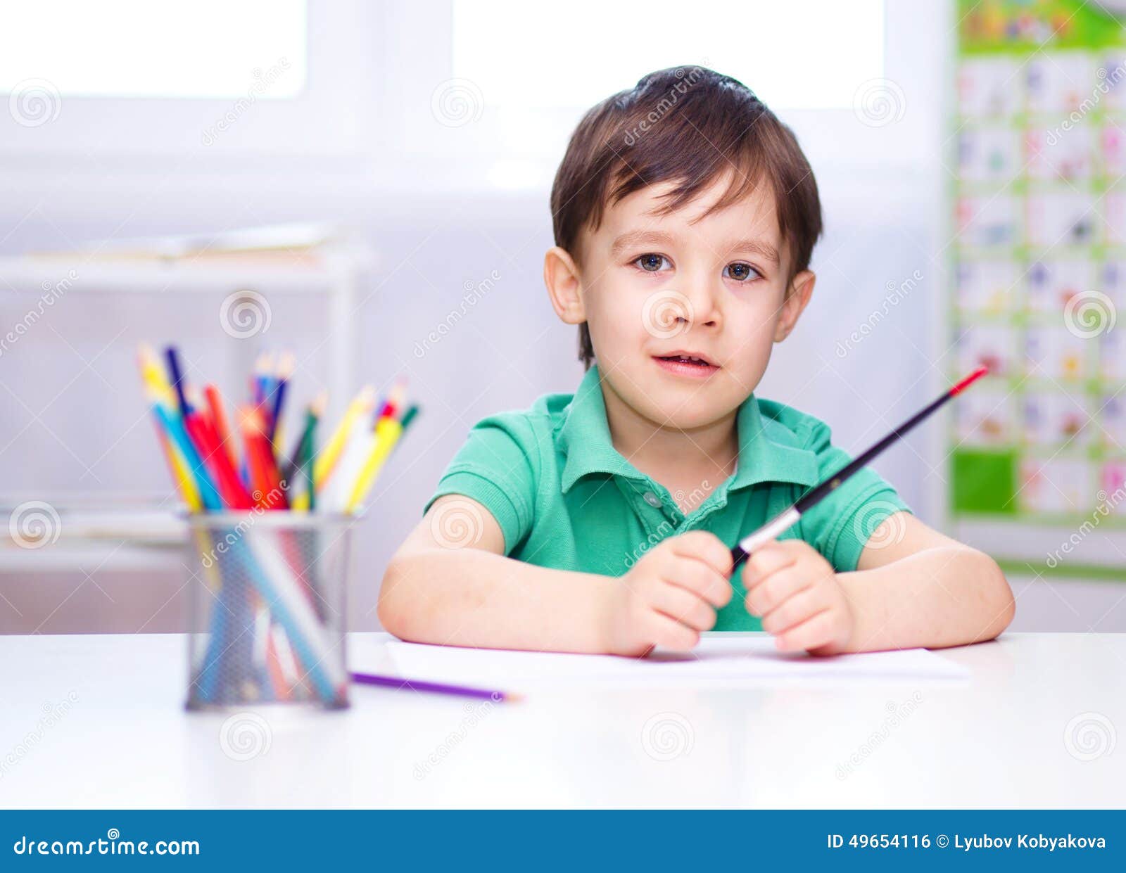 Little Boy is Drawing on White Paper Stock Photo - Image of people ...
