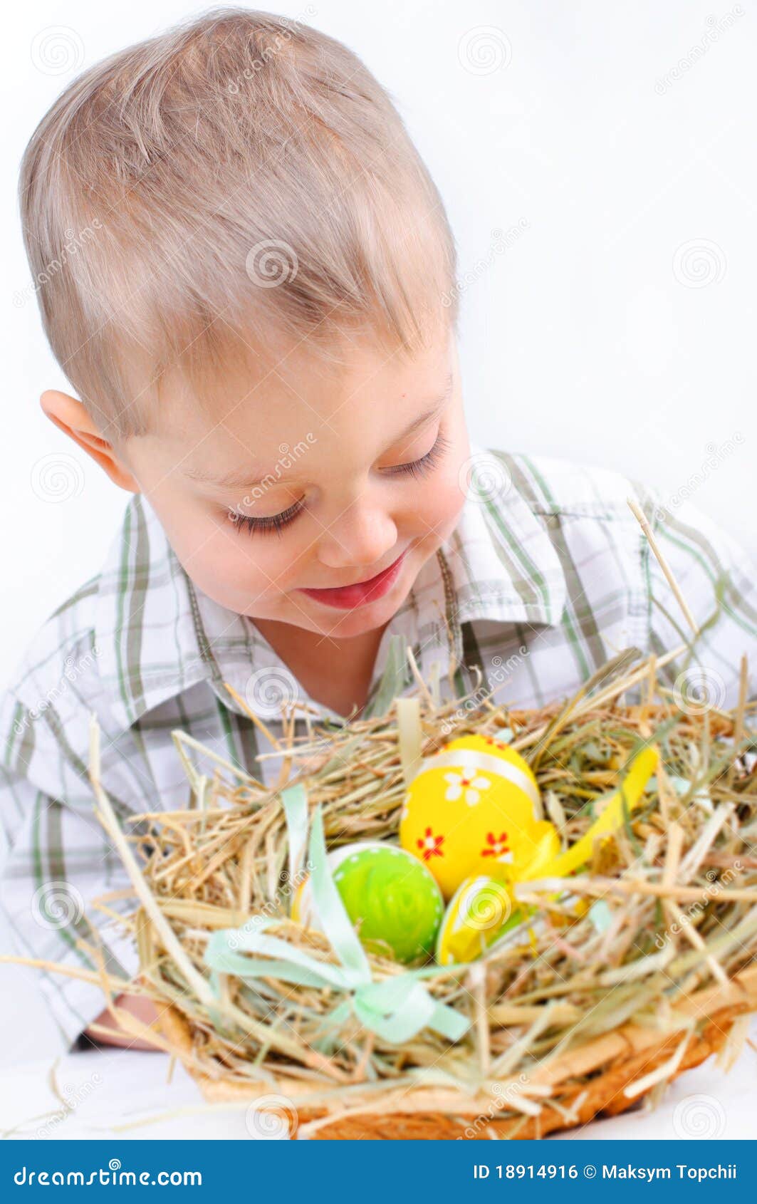 Little Boy with Easter Eggs in Basket Stock Photo - Image of full ...