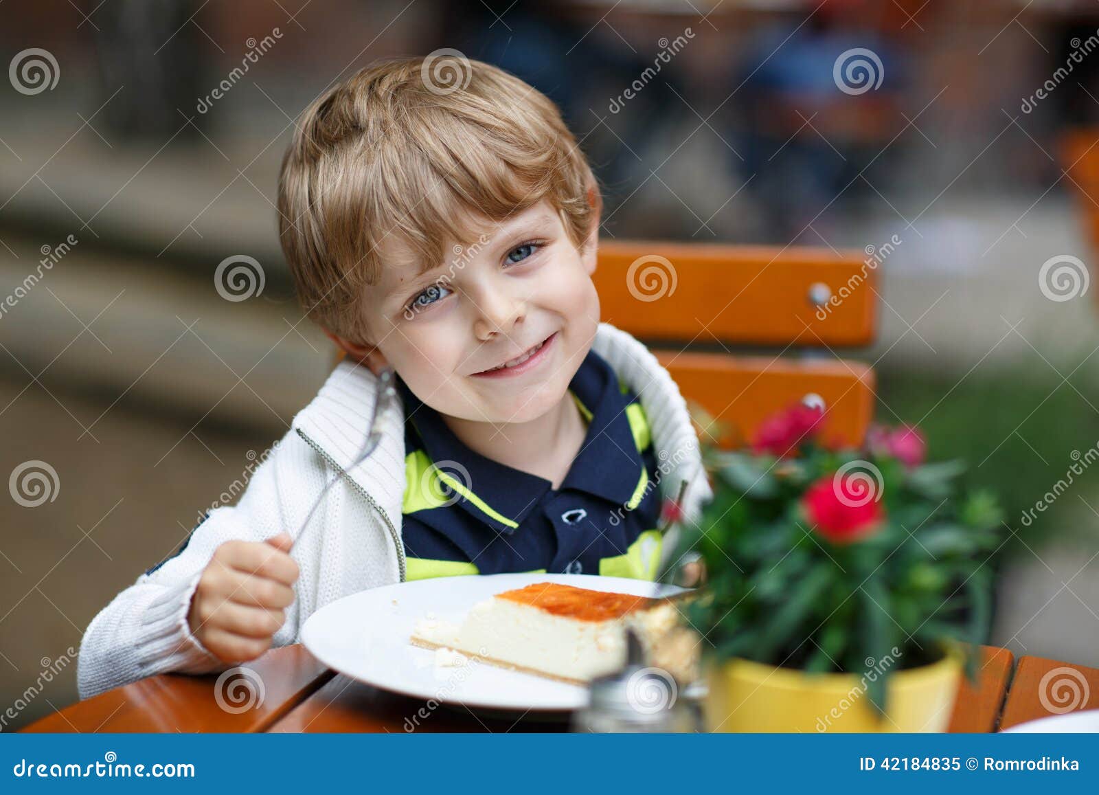 Little Boy Eating Cake in Outdoor Cafe. Stock Image - Image of ...