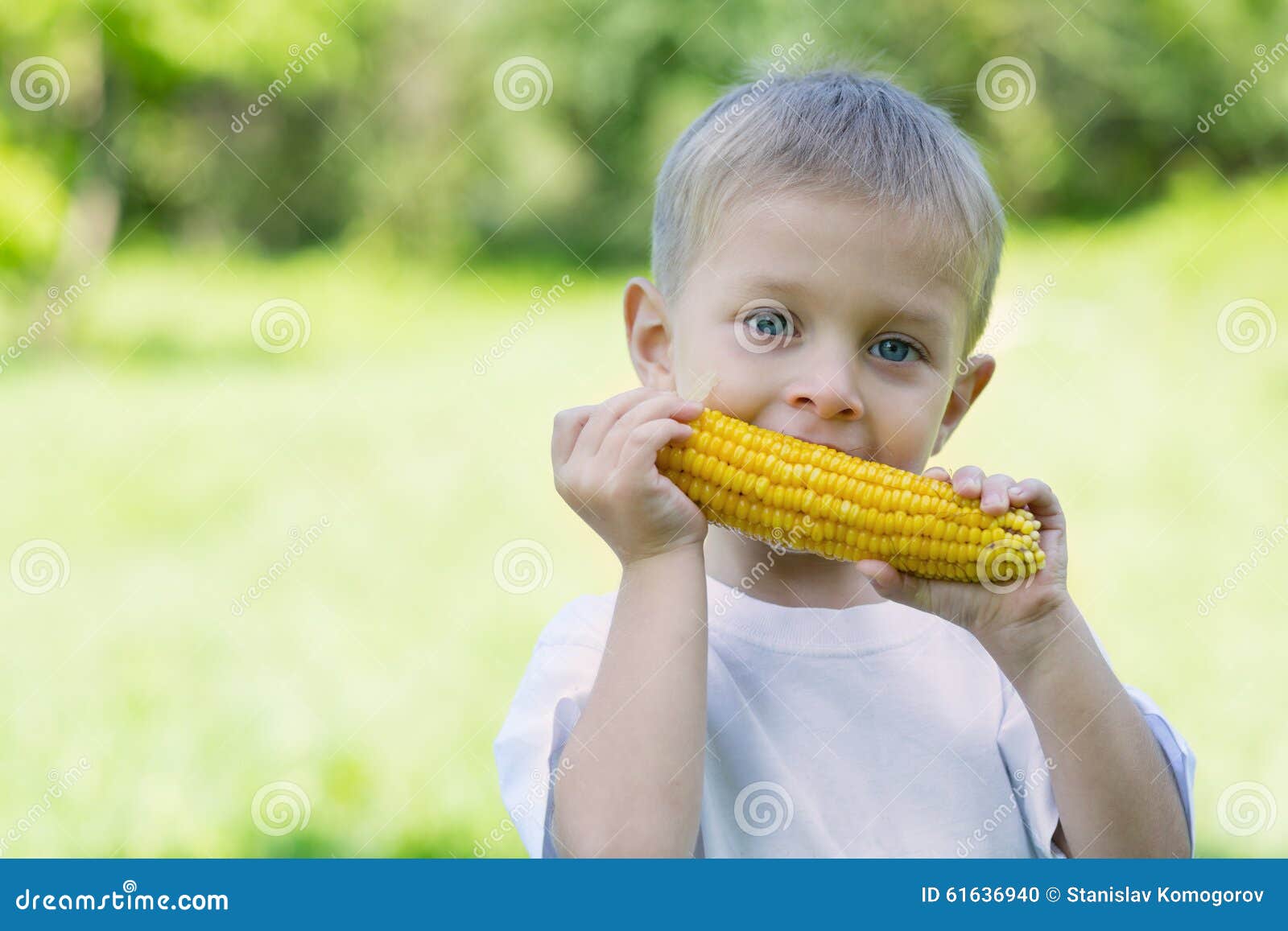 Little Boy Eating Corn Outdoors Stock Photo - Image of vegetables ...
