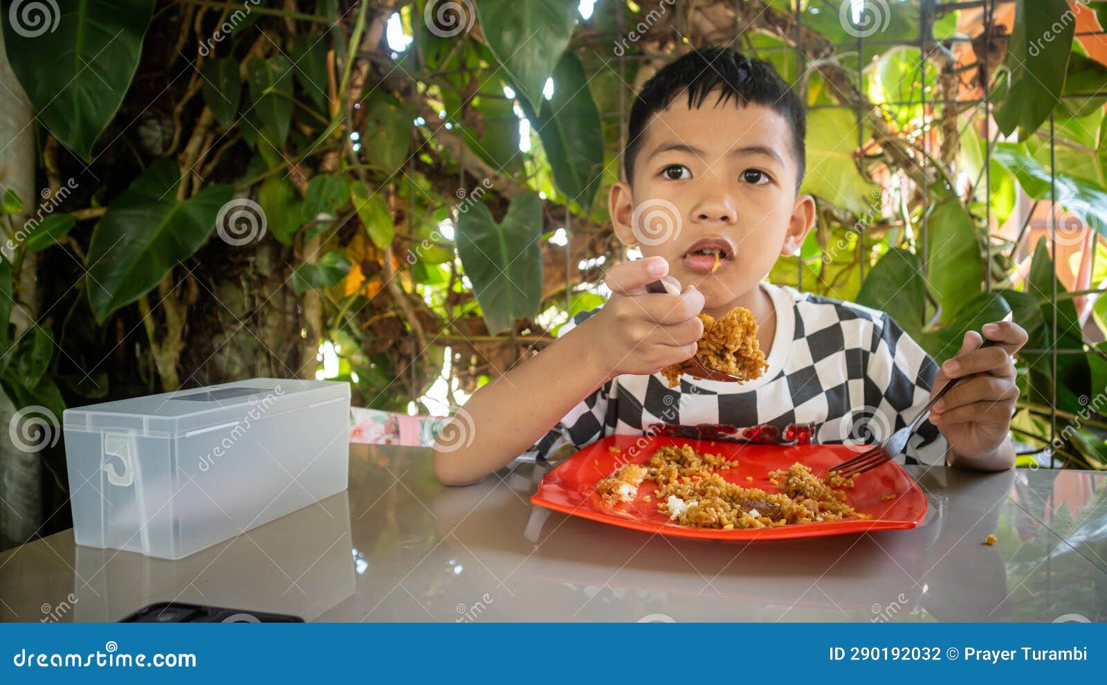 A Little Boy is Eating Fried Rice Stock Photo - Image of dinner, asian ...
