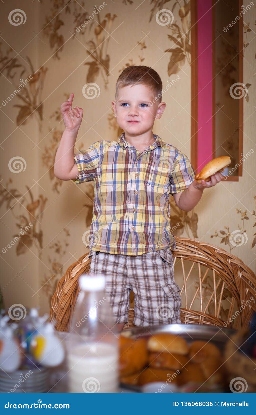 Little Boy Eating a Pie in the Kitchen. Stock Photo - Image of appetite ...