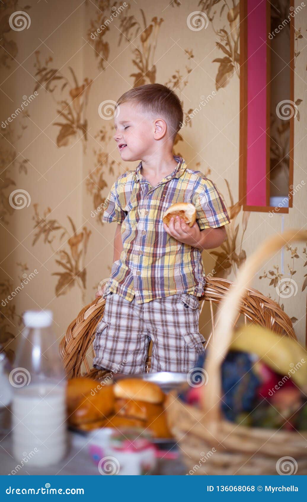 Little Boy Eating a Pie in the Kitchen. Stock Photo - Image of adorable ...