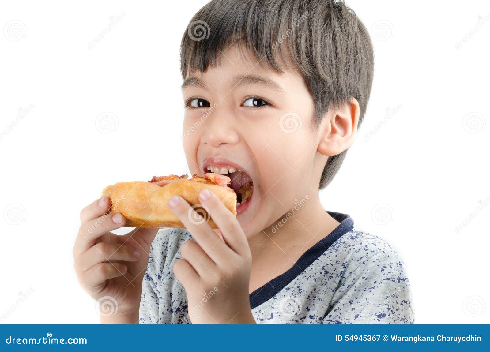 Little Boy Eating Pizza on White Background Stock Image - Image of ...