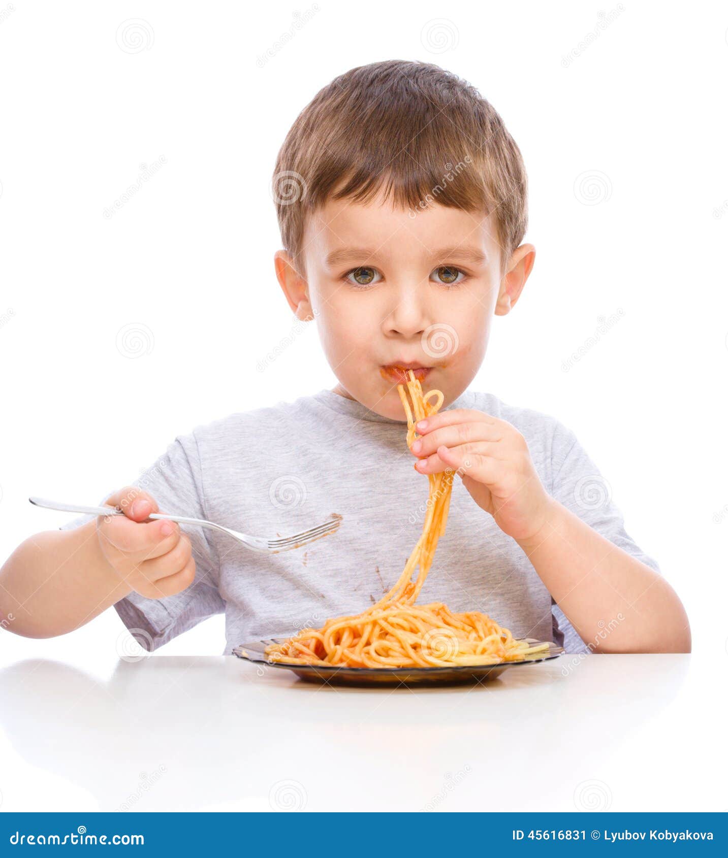 Little Boy is Eating Spaghetti Stock Image - Image of child, cutout ...