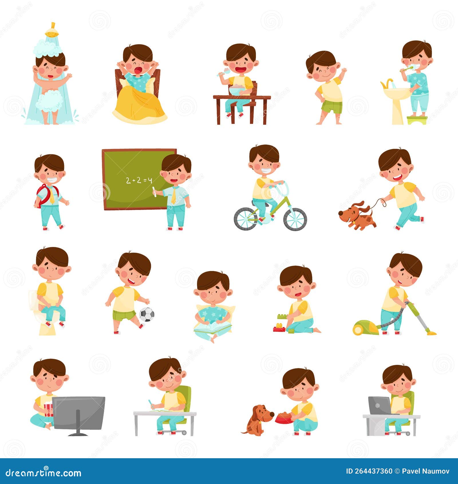 Little Boy Engaged in daily Activities and Routine Big Vector Set Stock ...