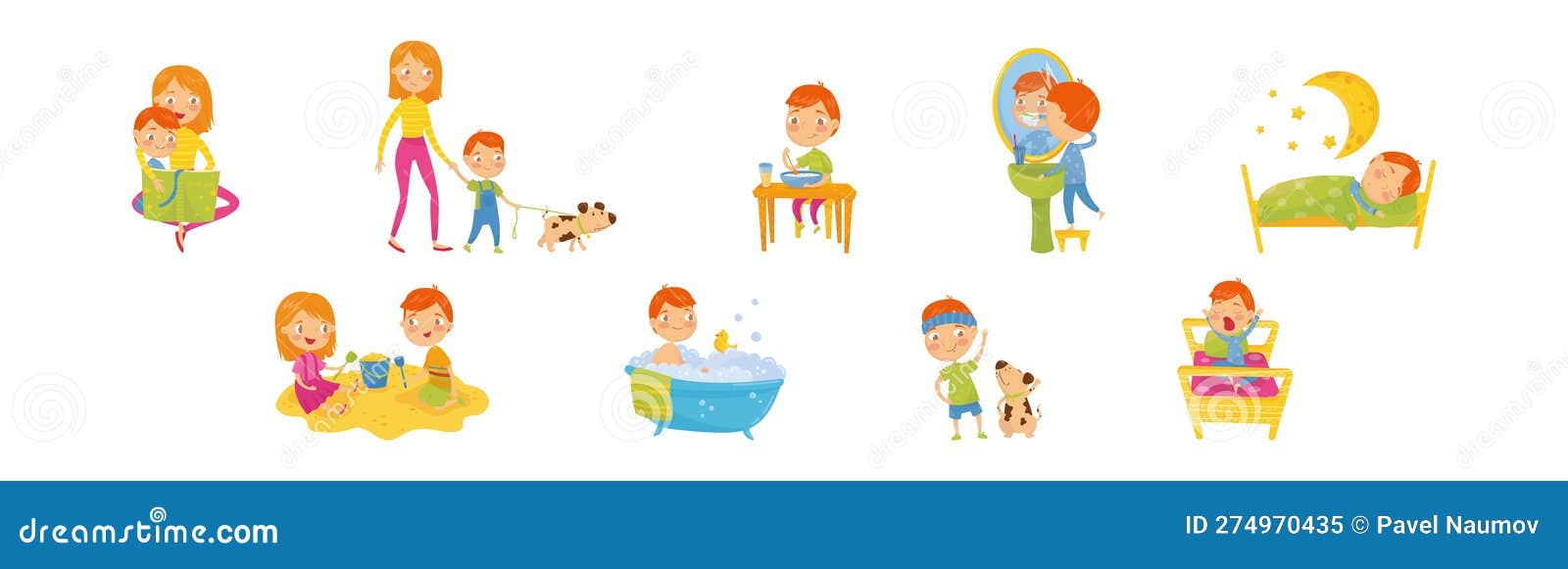Little Boy Engaged in daily Activity and Everyday Routine Vector Set ...