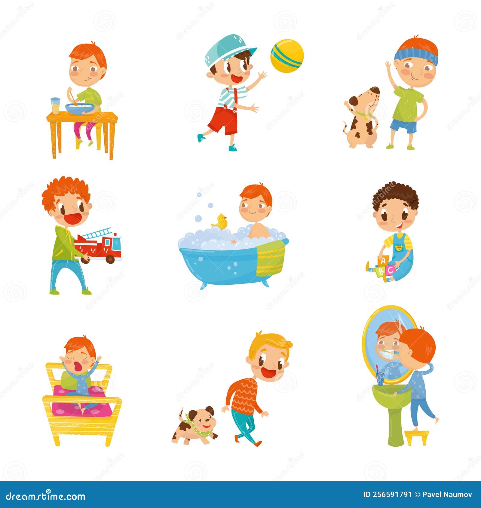 Little Boy Engaged in daily Activity and Everyday Routine Vector Set ...