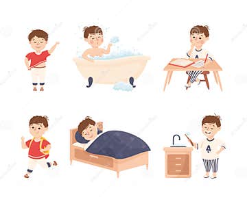 Little Boy Engaged in daily Activity and Everyday Routine Vector Set ...